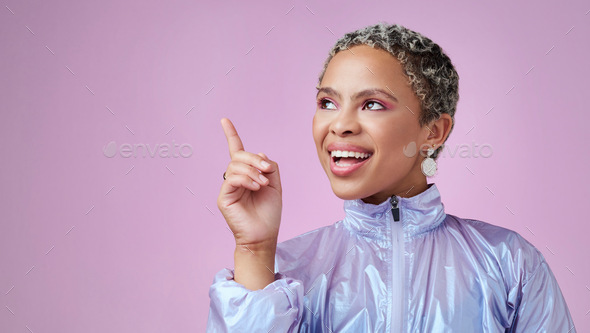 Thinking, idea and happy black woman in a studio with a solution ...