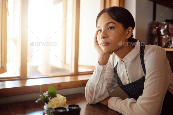 Restaurant, stress and waitress thinking of future goal while ...
