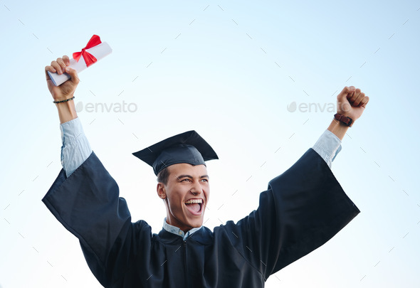Education, success and student celebrating university graduation ...
