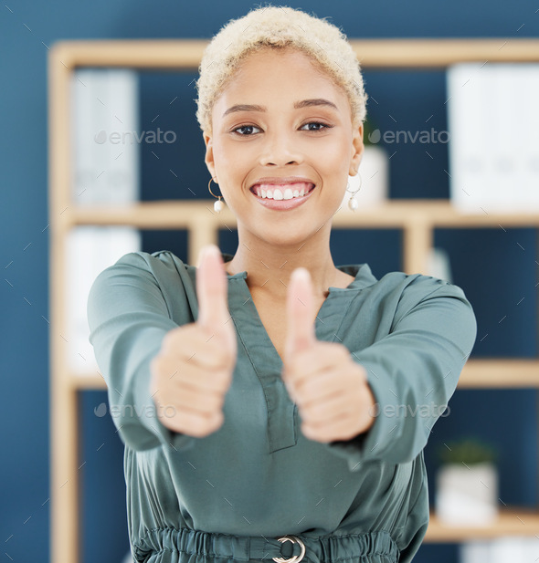 Thumbs up, success and work support hand sign worker in a office of a ...