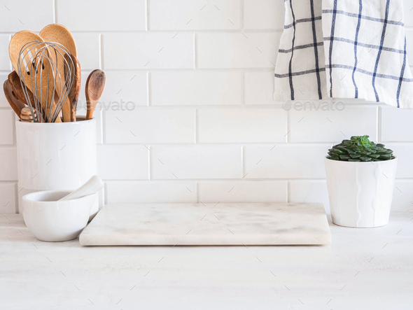 Stylish white kitchen background with kitchen utensils Stock Photo by ...