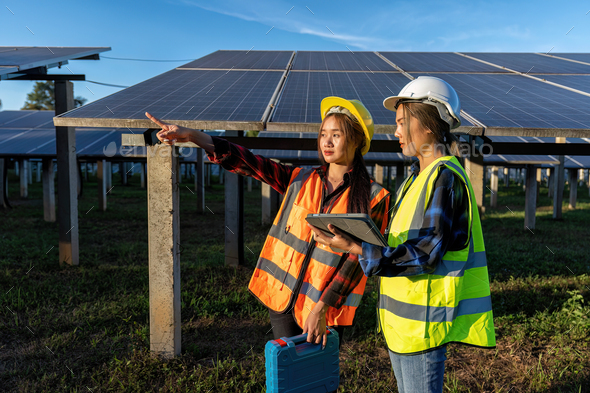 2 maintenance girl engineer carry tool box routine maintenance at ...