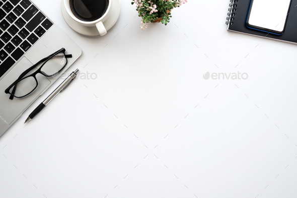 Top view of the desk white area where the work equipment is placed at ...