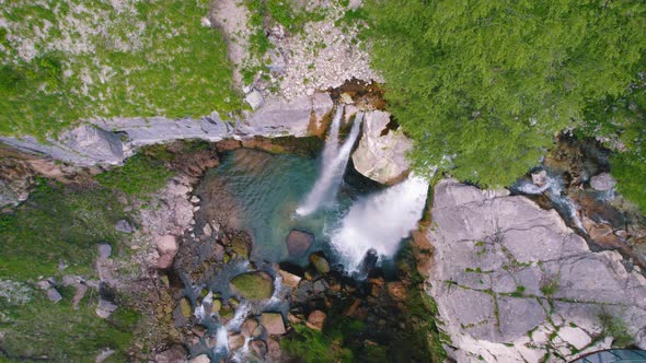 Birds Eye View of Two Marvelous Waterfalls on Cliff, Stock Footage