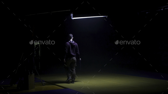 The film crew works on creation of a videoclip. Gaffer prepares ...