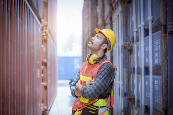 Dock worker under inspection and checking about dock container shipping ...