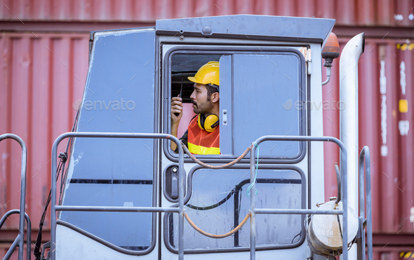 Dock worker under inspection and checking about dock container shipping ...
