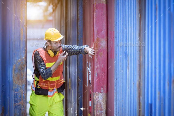 Dock worker under inspection and checking about dock container shipping ...