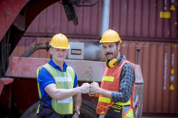 Dock worker under inspection and checking about dock container shipping ...