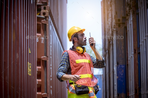 Dock worker under inspection and checking about dock container shipping ...