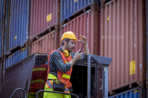 Dock worker under inspection and checking about dock container shipping ...