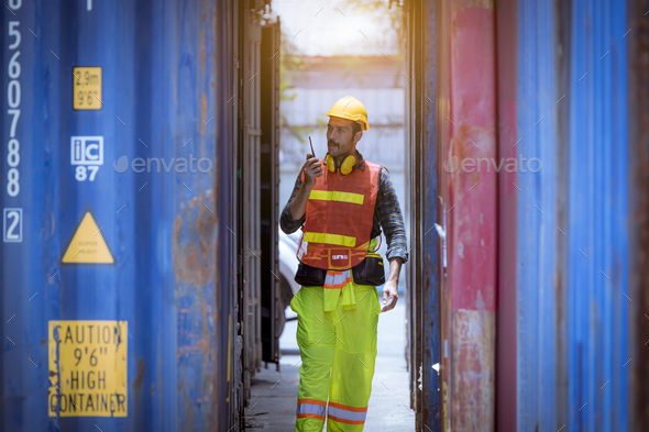Dock worker under inspection and checking about dock container shipping ...