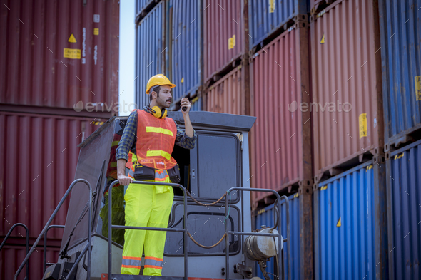Dock worker under inspection and checking about dock container shipping ...