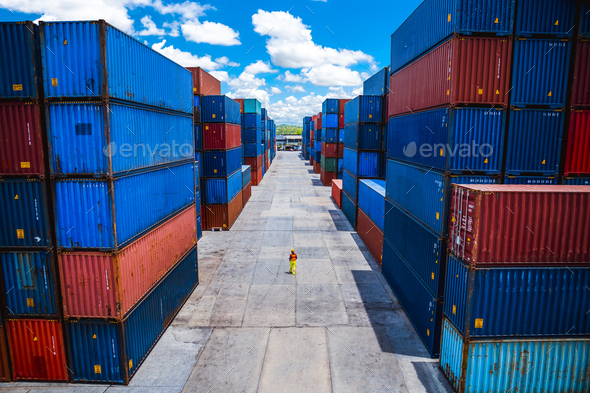 Arial view dock worker under inspection about dock container shipping ...