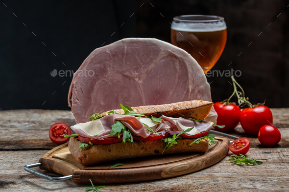 submarine sandwiches with beer. fast food. banner, menu, recipe place ...