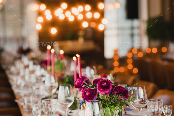 Coziness and style. Modern event design. Table setting at the wedding ...