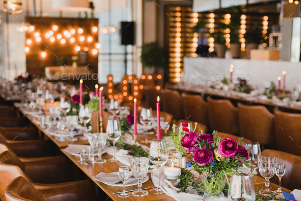 Coziness and style. Modern event design. Table setting at the wedding ...