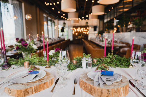 Coziness and style. Modern event design. Table setting at the wedding ...