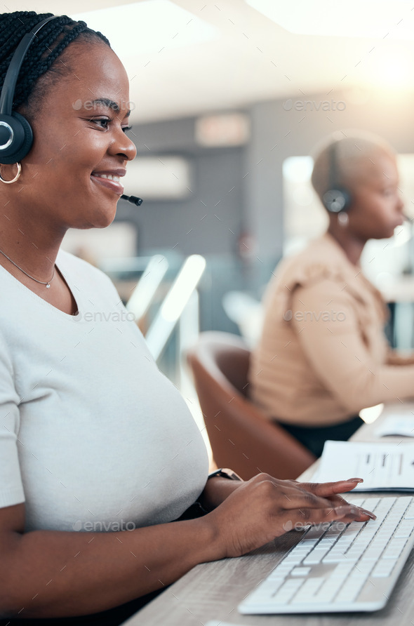 Black woman, call center and contact us teamwork in office for crm ...
