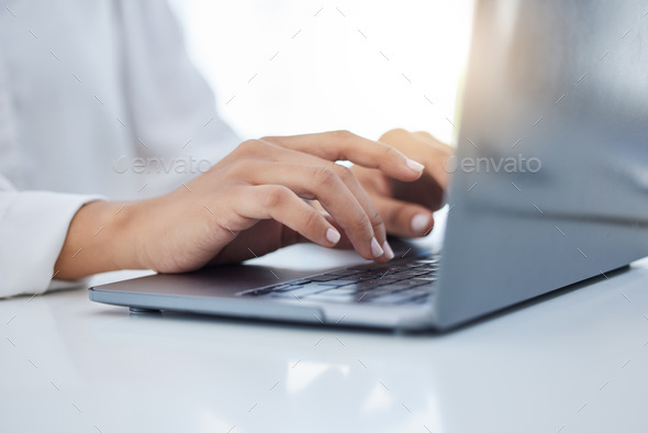 Laptop, business and hands of employee typing an email on the internet ...