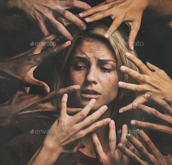 Many hands, face and abuse with a woman victim feeling fear, alone or ...