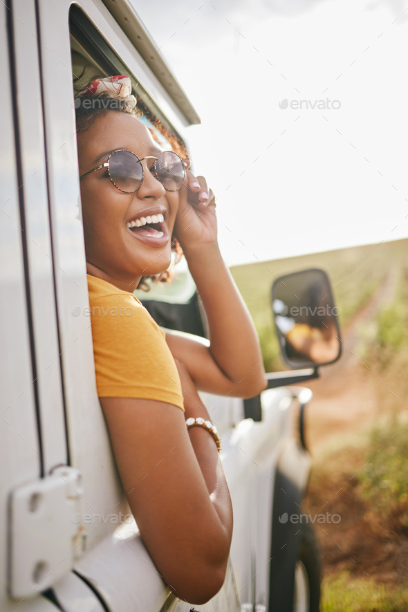 Countryside, travel and road trip black woman with sunglasses and ...