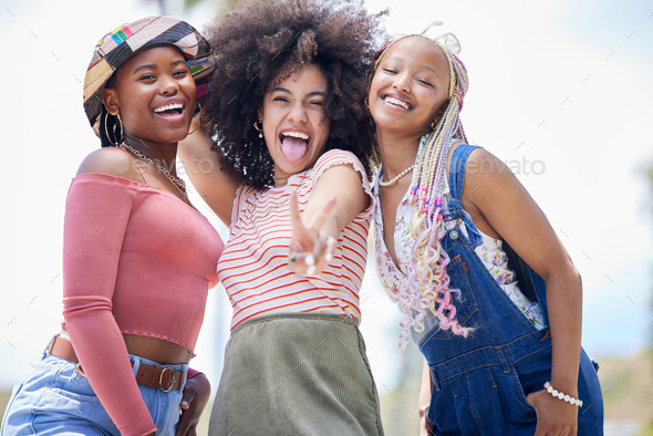 Peace, happy and portrait of gen z friends having fun on summer ...
