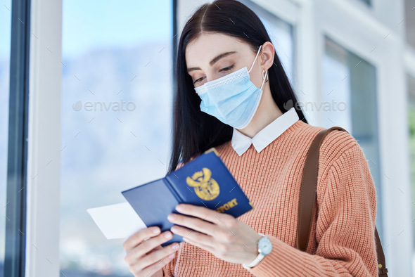 Passport, id and travel woman with covid face mask for immigration ...