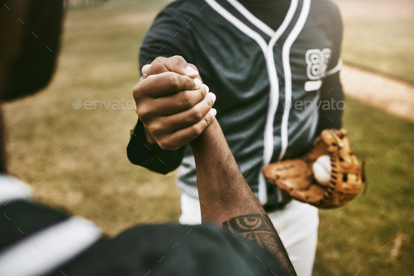 Baseball, handshake and men shaking hands to welcome, thank you or ...