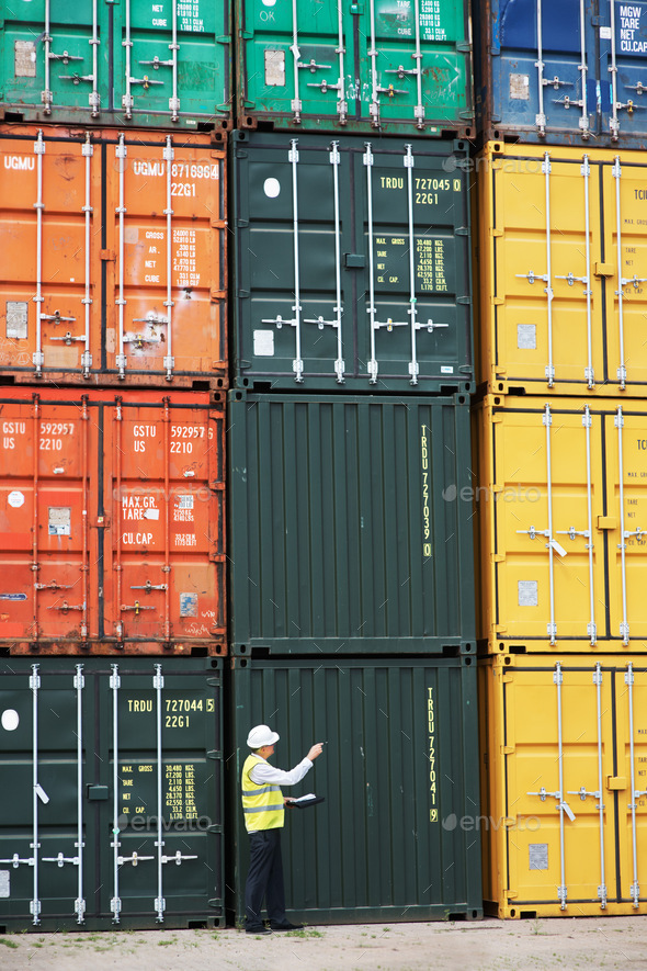 Nothing is too big to handle. A customs inspector standing and ...