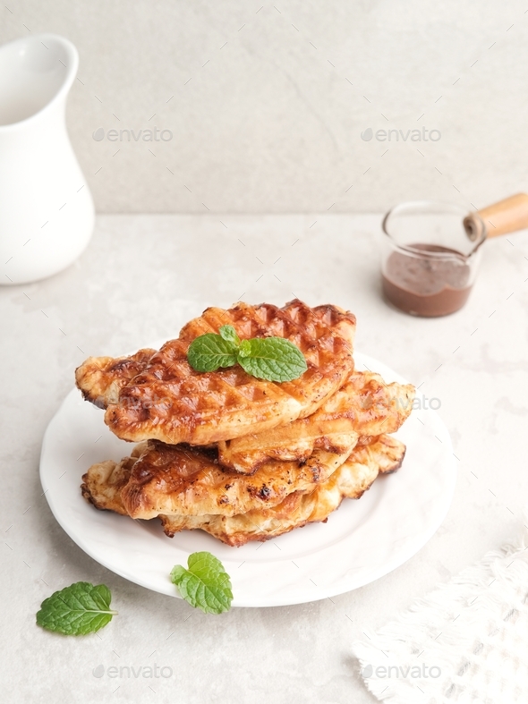 Stack of Caramelized Croissant Waffle or Croffle Caramel Stock Photo by ...