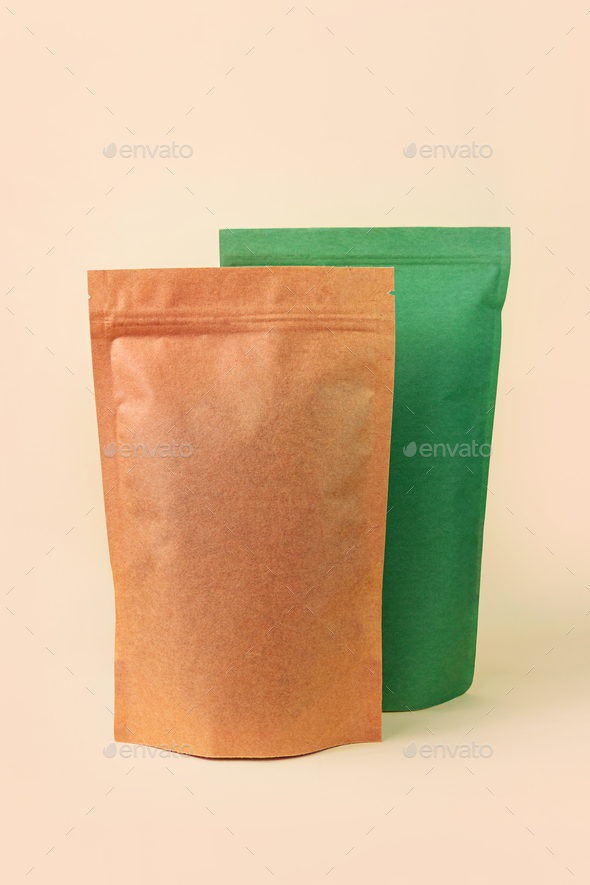 Pouch bags mockup assortment neutral beige background. Merchandise ...