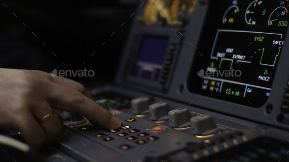 Autopilot control element of an airliner. Panel of switches on an ...