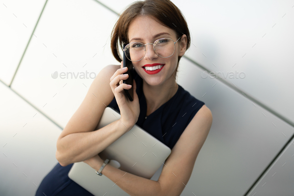 business concept. portrait of a glamorous business lady with red lips ...