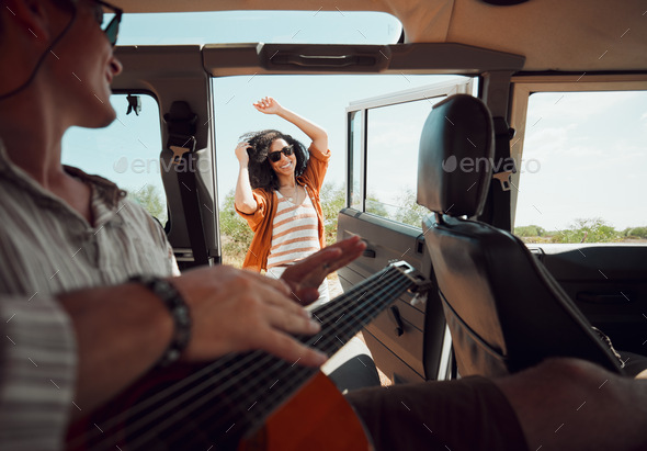 Dance, van and music with woman dancing and bonding with man in a rv ...