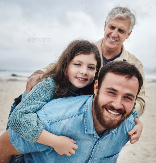 Father piggyback child, with grandfather at beach and fun, happy ...
