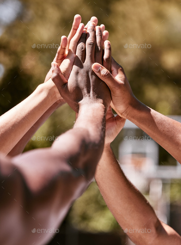 Team, basketball and hands doing high five after success, winning and ...