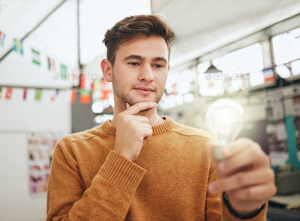 Thinking student, lightbulb ideas and problem solving solution for ...