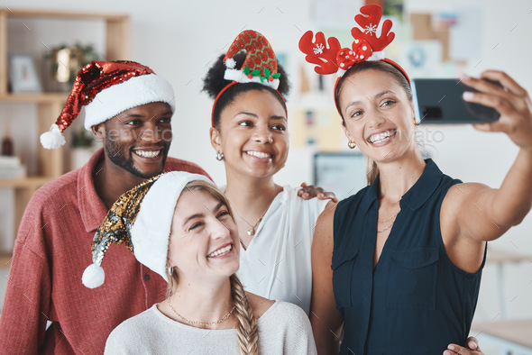 Christmas party, phone selfie and business people in celebration of ...