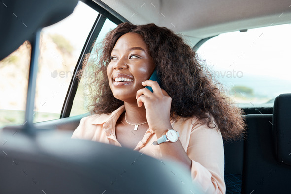 Travel, black woman and phone call car passenger looking out window on ...