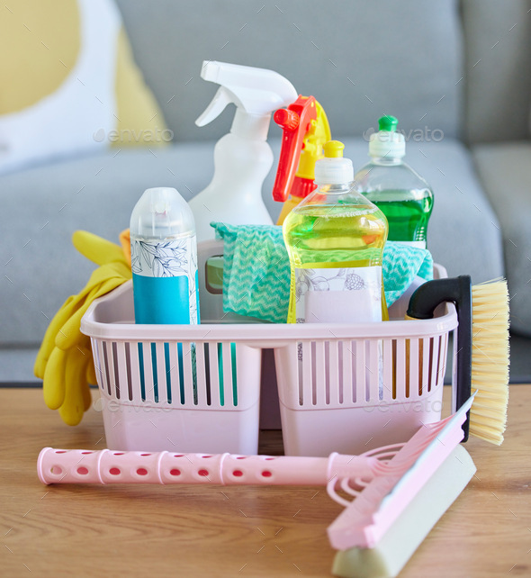 Cleaning service, product basket cleaner on living room table with home ...
