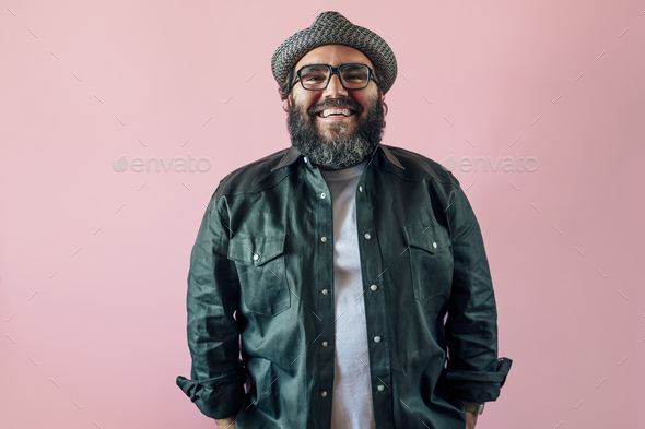 Fat man with beard very happy smiling. Stock Photo by karrastock ...