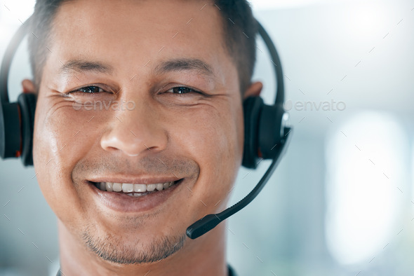 Call center, face portrait and man in customer service smiling and ...