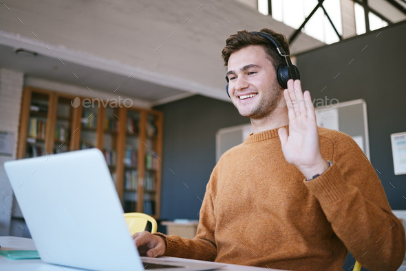 Elearning, video call and student with laptop in online class wave ...