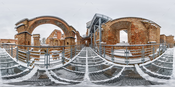 winter full hdri 360 panorama inside old abandoned medieval castle in ...