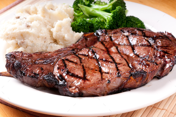 bbq rib steak with garlic mashed potatoes and brocolli Stock Photo by ...