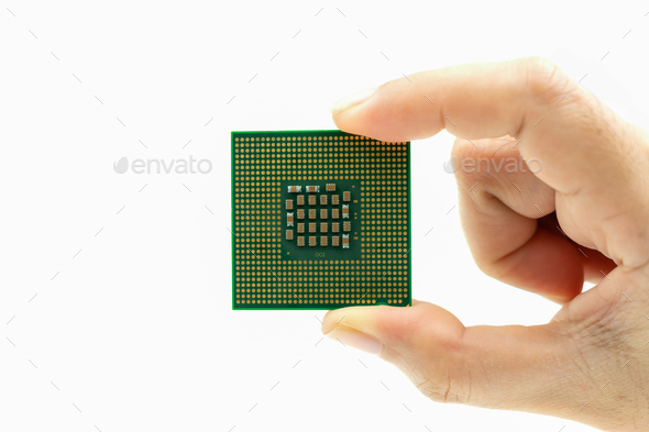 Realistic cpu back view processor chip in hand Stock Photo by thichaa