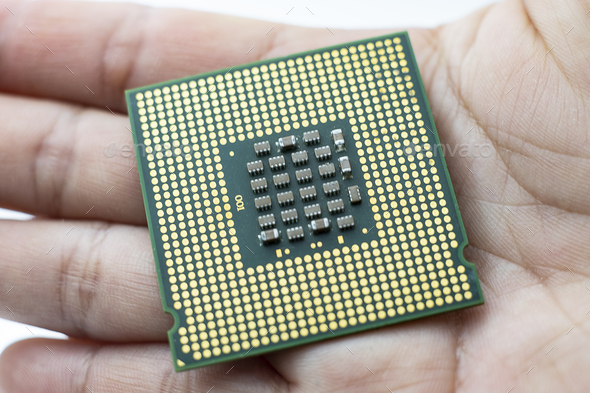 Realistic cpu back view processor chip in hand Stock Photo by thichaa