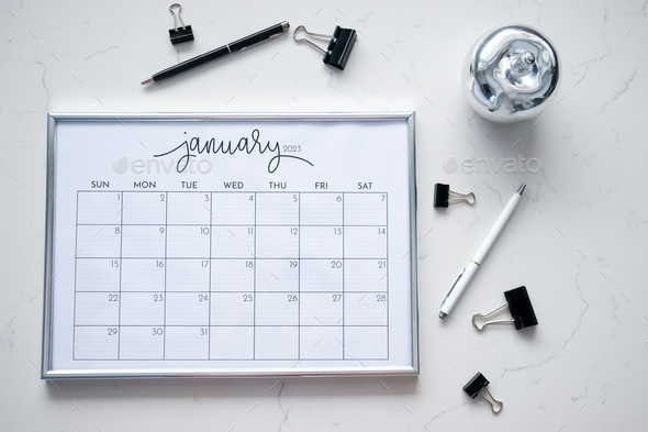 Calendar flat lay. New year 2023. January. Stock Photo by NatalieZera