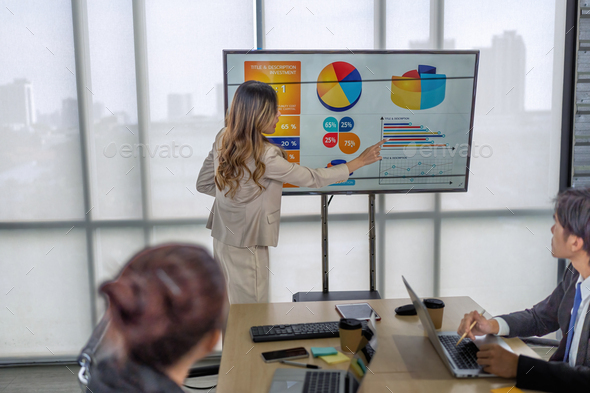 Employee meeting big screen tv presentation conference discussion ...